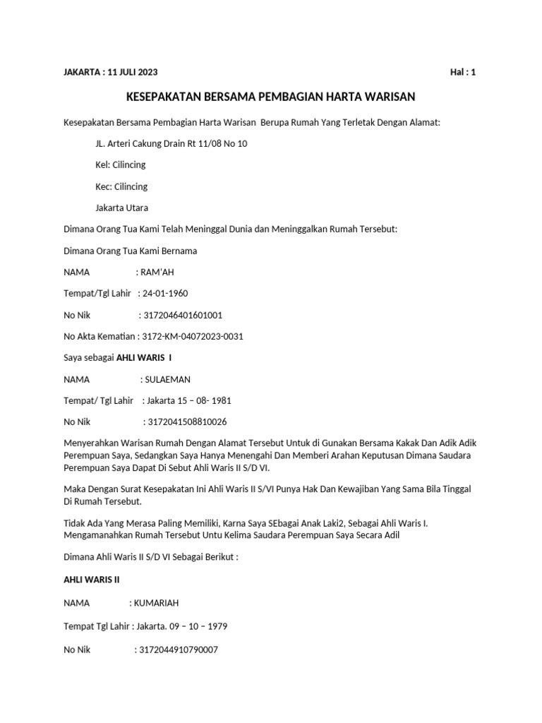 Surat Pernyataan Pembagian Harta Warisan | PDF