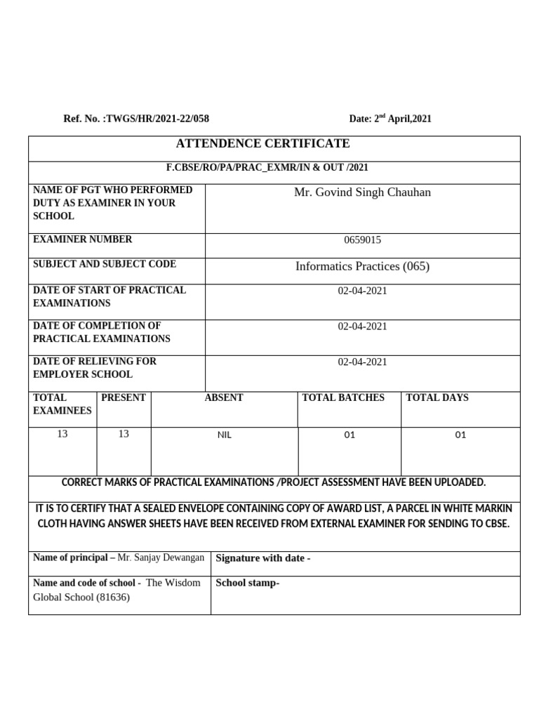 Attendence Certificate Ip | PDF