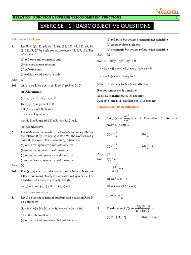 Relation Function-II & Inverse Functions Ex - 1 | PDF | Function (Mathematics) | Elementary ...