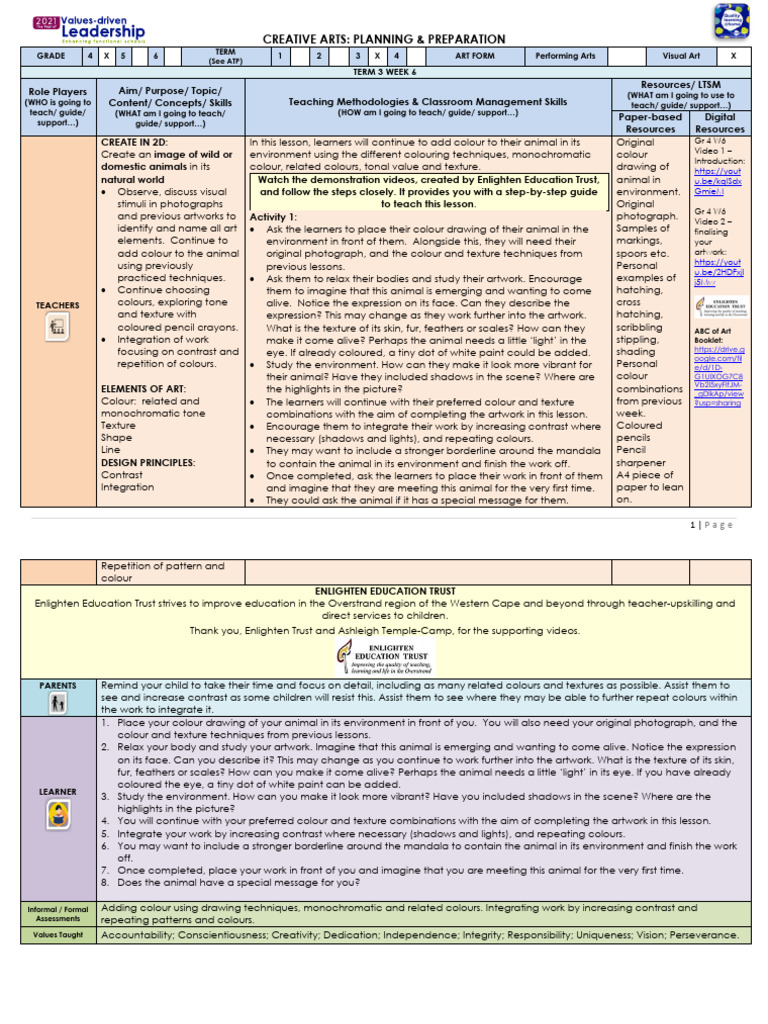 Lesson Plan GR 4 Creative Arts Visual Art T3 W6 | PDF | Drawing | Color