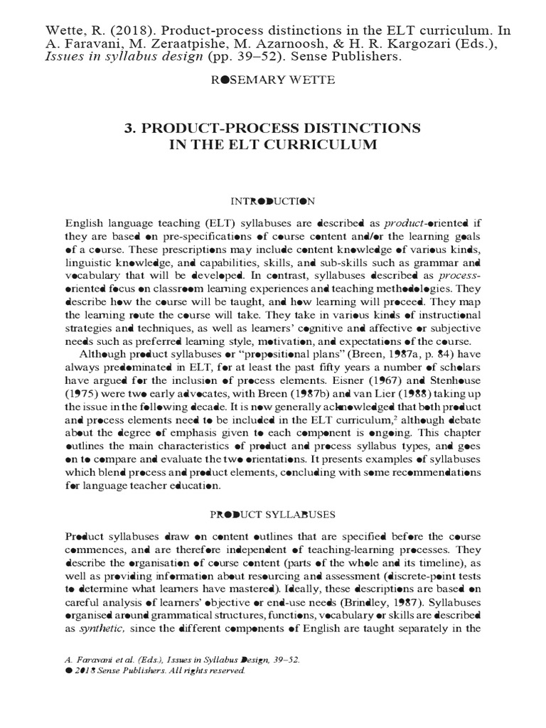 Product vs. Process Syllabuses in ELT | PDF | Curriculum | Educational ...