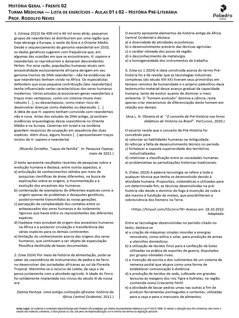 02.3 - Tarefa - Historia Geral - Frente 02 - Aulas 01 e 02 - Historia Pre-Literaria - Turma ...
