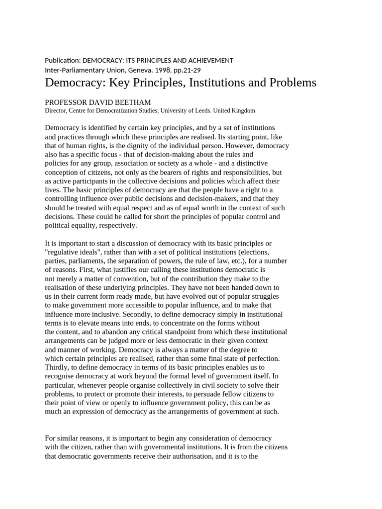 Beetham David Democracy Principles | PDF | Political Ideologies | Democracy