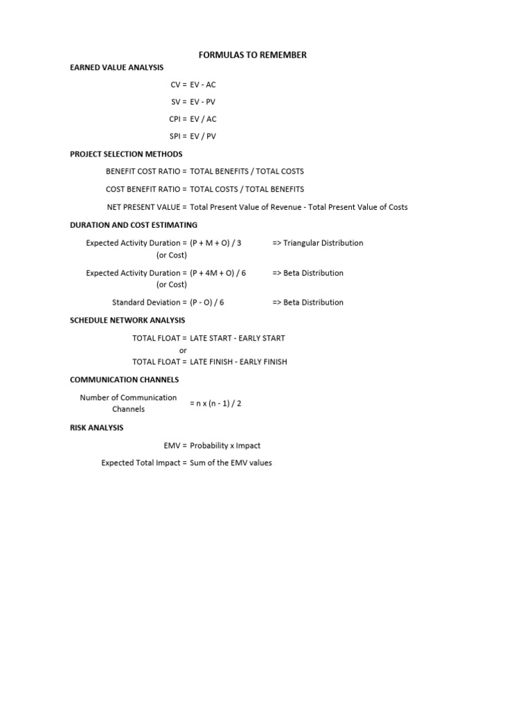 Project Management Formulas and Analysis | PDF