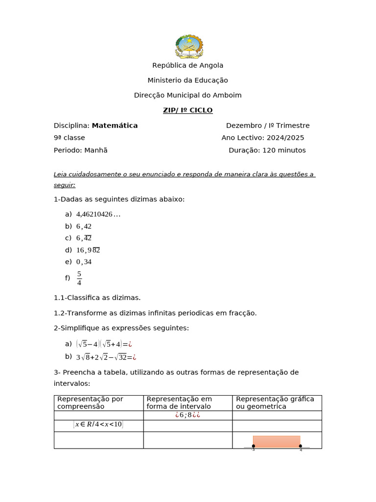 Prova de Matemática Da 9 Classe-Wilson Cutabola | PDF | Matemática ...