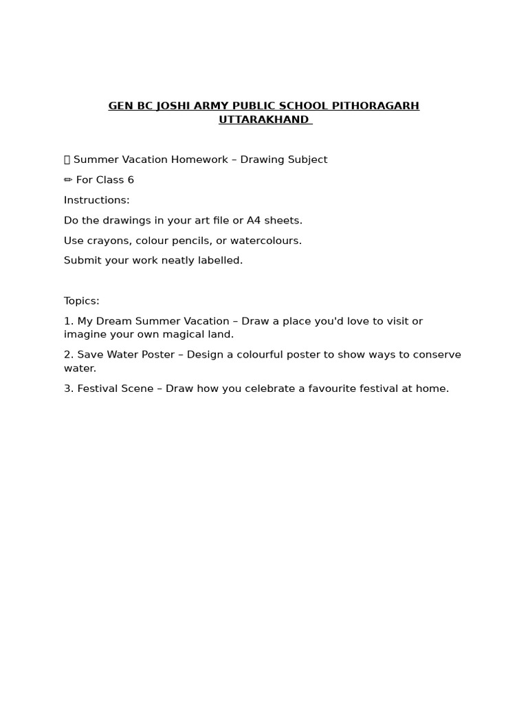 Summer Vacation Drawing Homework for Class 6 | PDF