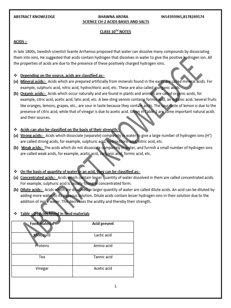 Science Ch-2 Acids Bases and Salts Class 10th Notes | PDF | Sodium ...