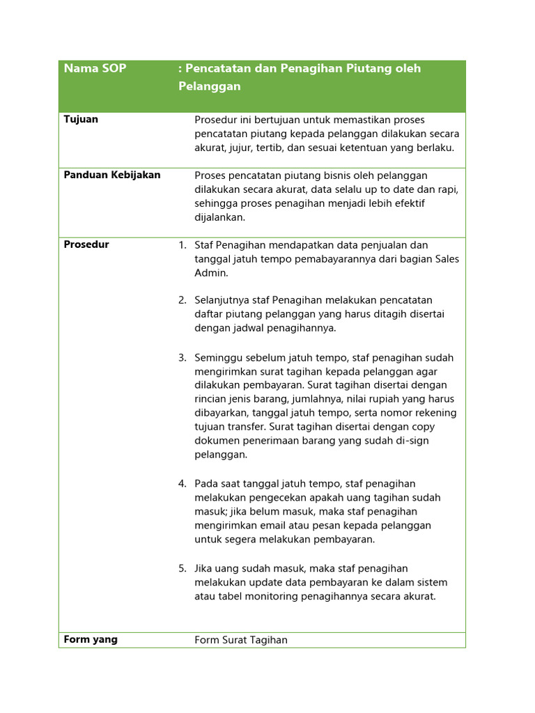 05 SOP Pencatatan Dan Penagihan Piutang Pelanggan | PDF