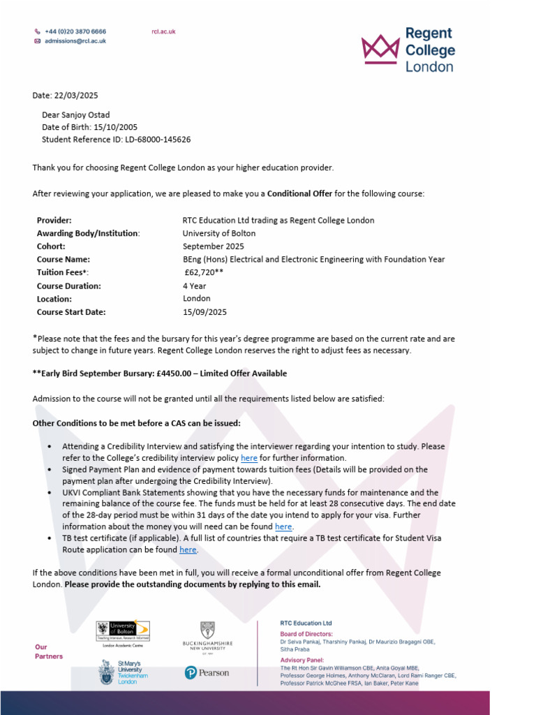 Regent College London Acceptance Letter | PDF