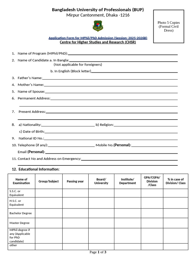 MPhilAndPhDProgram-Application Form For MPhil & PHD Admission (2025-2026B) - Docx-Form ...