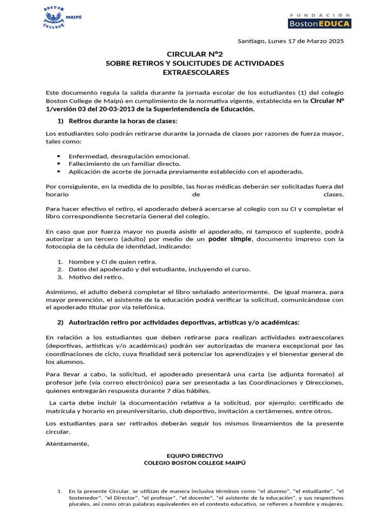 Circular 2 - Retiros y Act. Extraescolar (11-06) | PDF