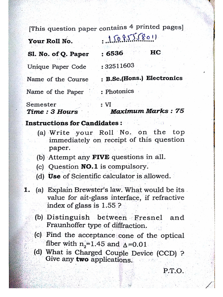 2018 PYQ Paper - Photonics PYQ Paper For Sem VI Uploaded by Navdeep Raghav (DU Academic Corne | PDF
