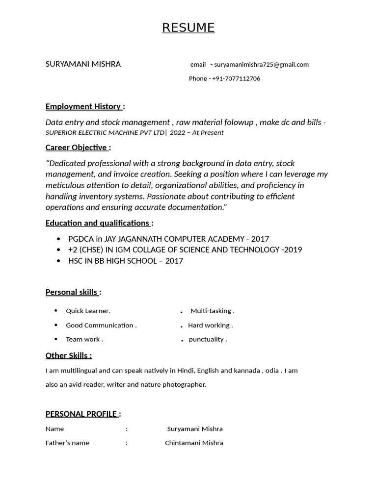 Suryamani Mishra Resume | PDF