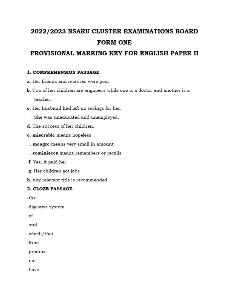 NSARU Form One English Exam Key | PDF