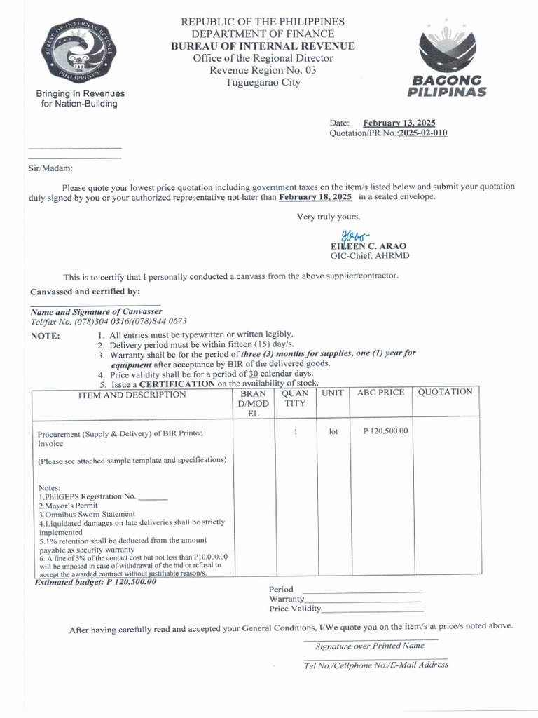 RFQ 2025-02-010 (BIR Printed Invoice) | PDF