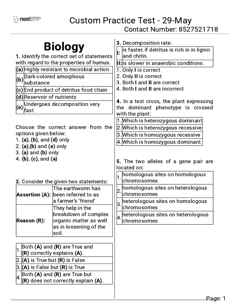 Custom Practice Test 29 May | PDF | Dominance (Genetics) | Ecosystem