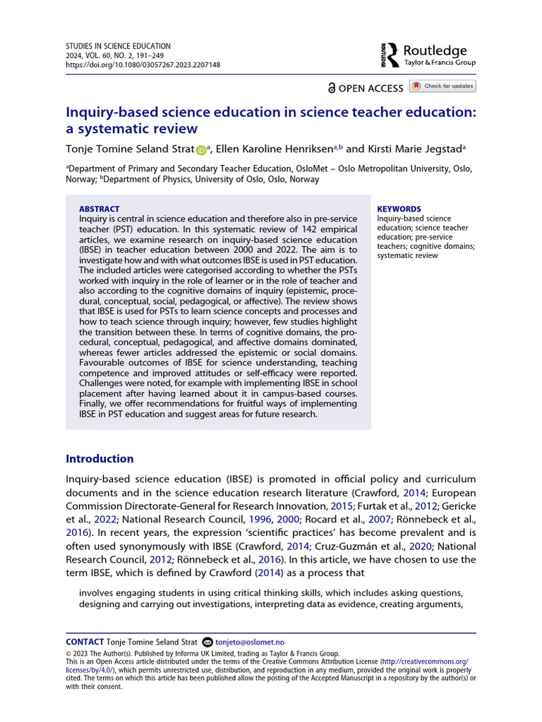 Inquiry-Based Science Education in Science Teacher Education: A Systematic Review | PDF ...