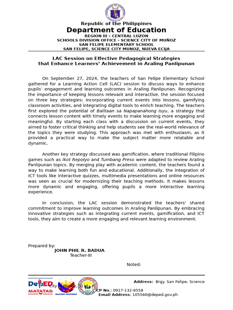 Narrative Report On Lac Conducted | PDF | Teachers | Educational Technology