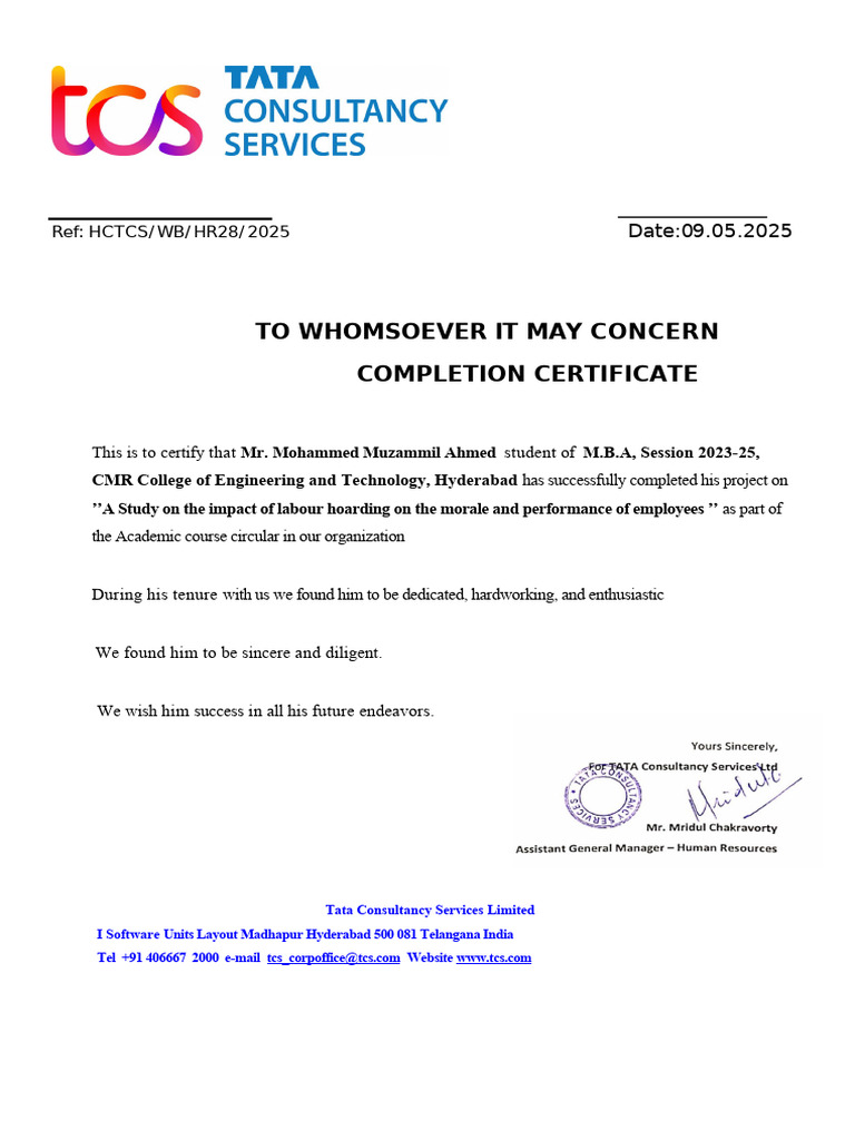TCS Project Completion Certificate | PDF