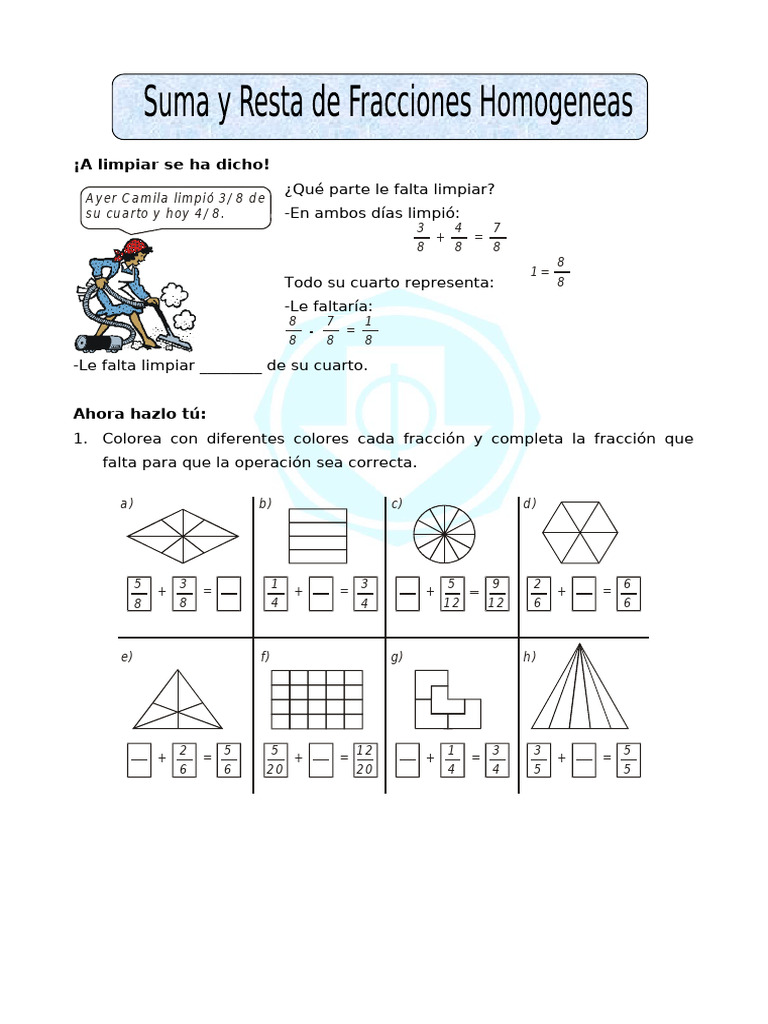 Ficha Suma y Resta de Fracciones Homogeneas | PDF