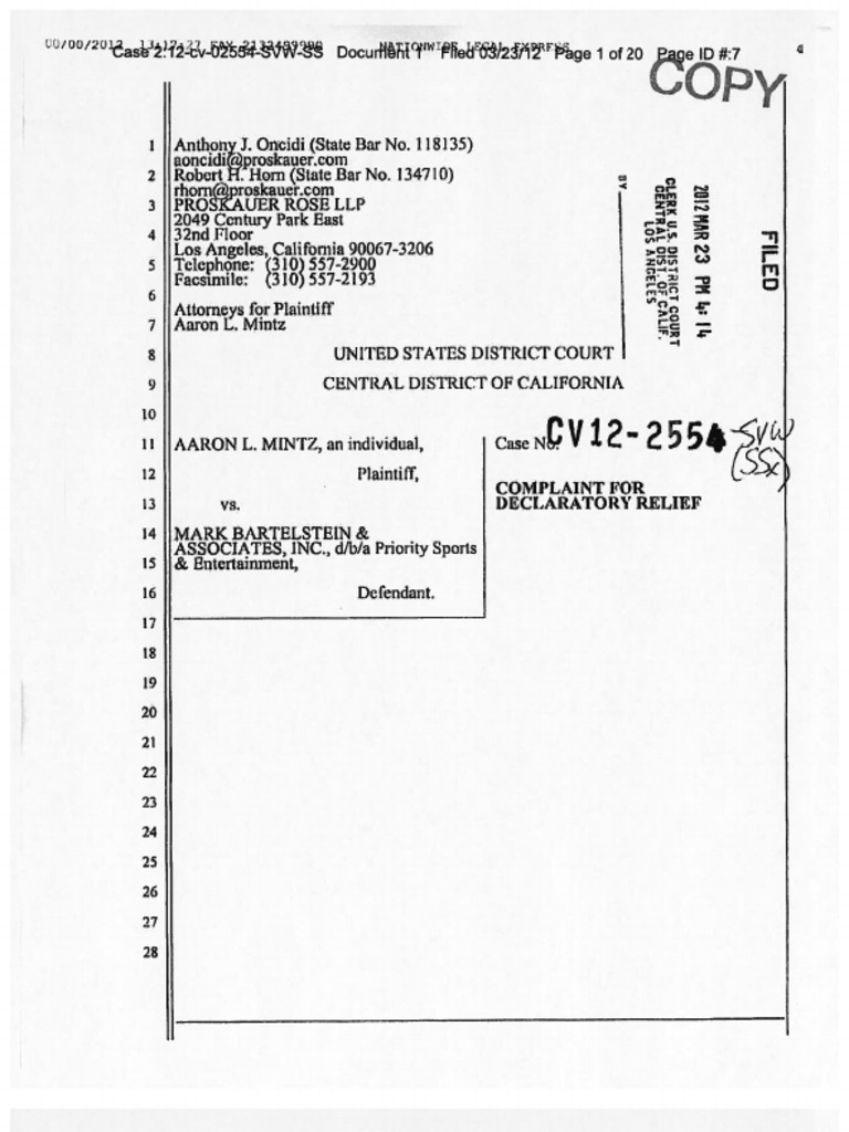 Aaron Mintz V Priority Sports | PDF