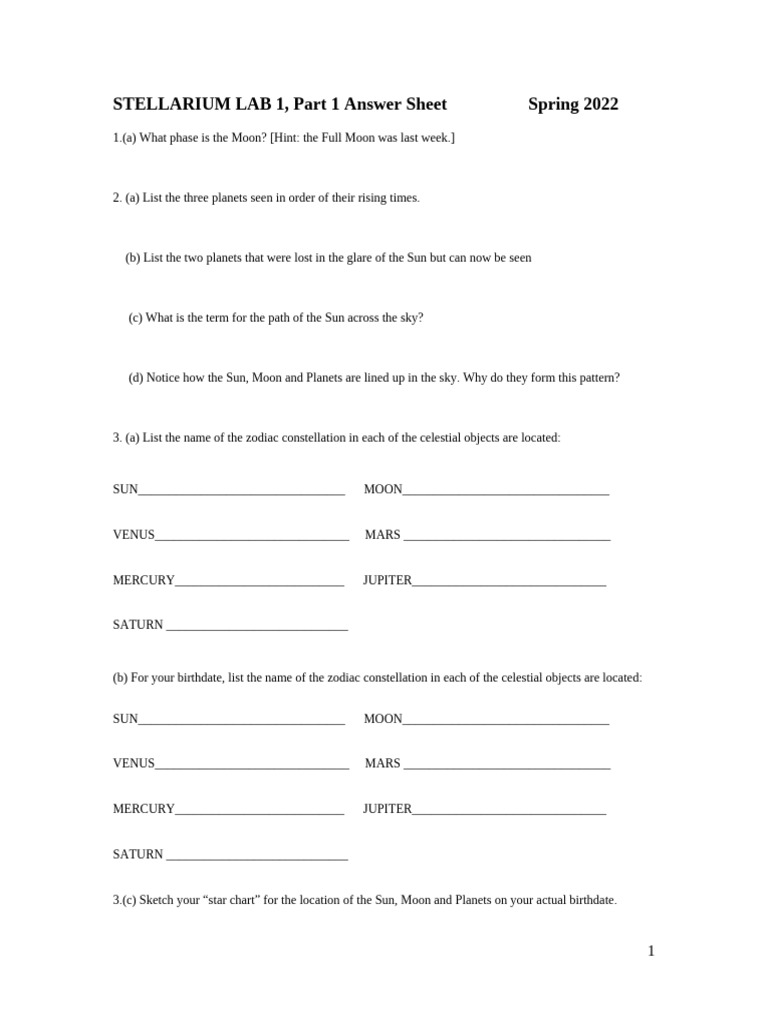 AH Stellarium Lab 01 Part 1 Spring 2022 Answer Sheet | PDF