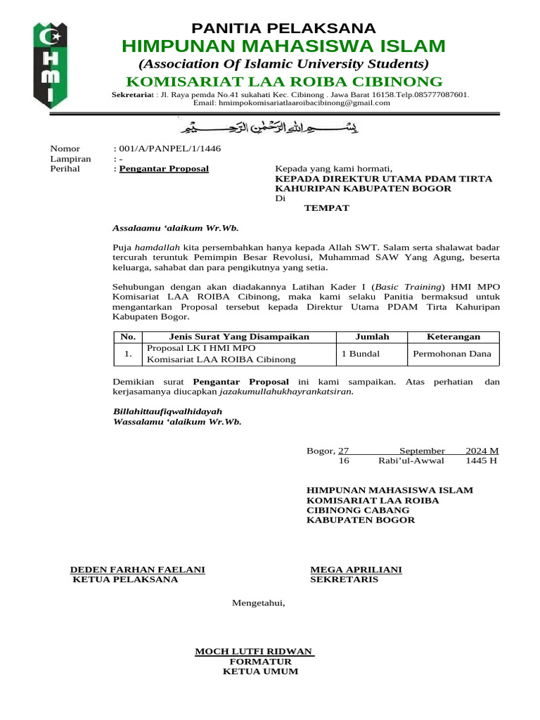 003 - HMI MPO - Surat Pengantar Proposal - Kepala Cabang PDAM CBN | PDF