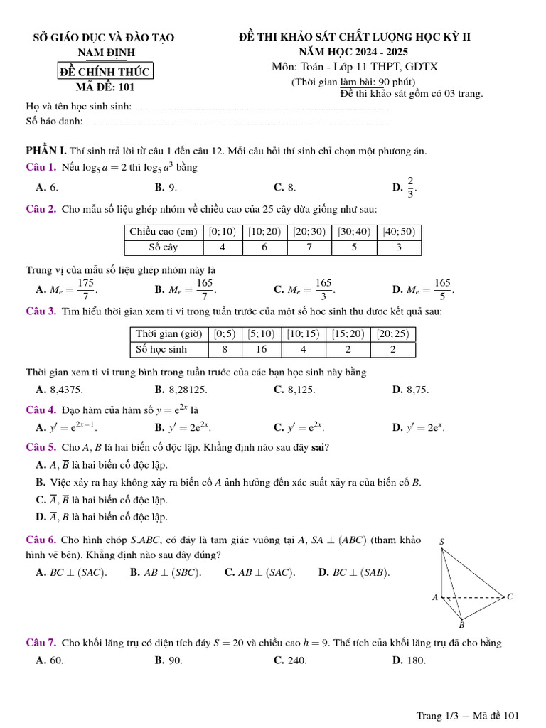 De KSCL Hoc Ky 2 Toan 11 Nam 2024 2025 So GDDT Nam Dinh | PDF