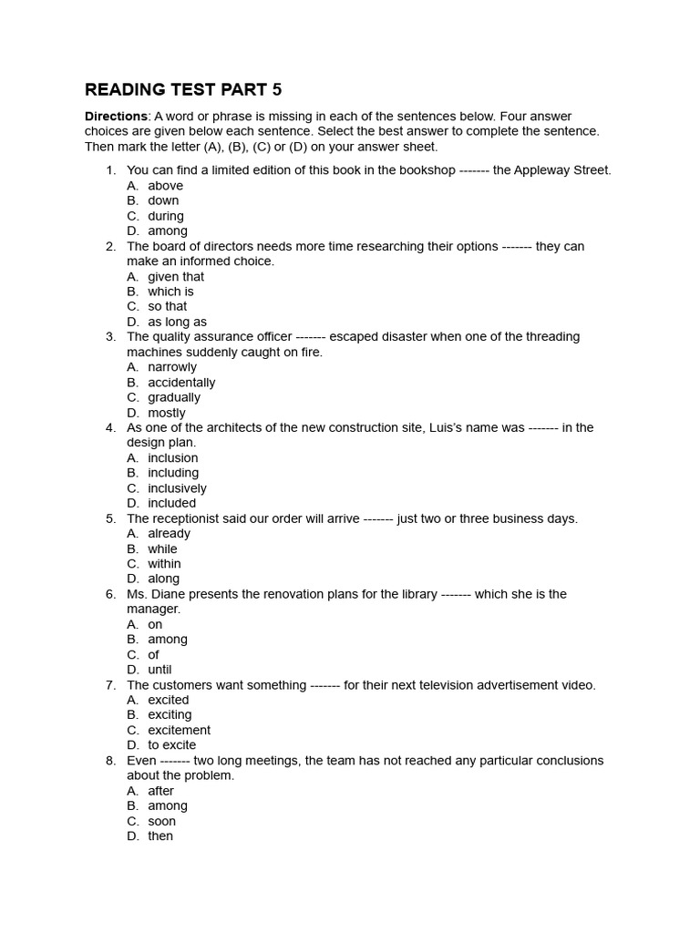 Reading Test Part 5 | PDF | Noun | Adjective