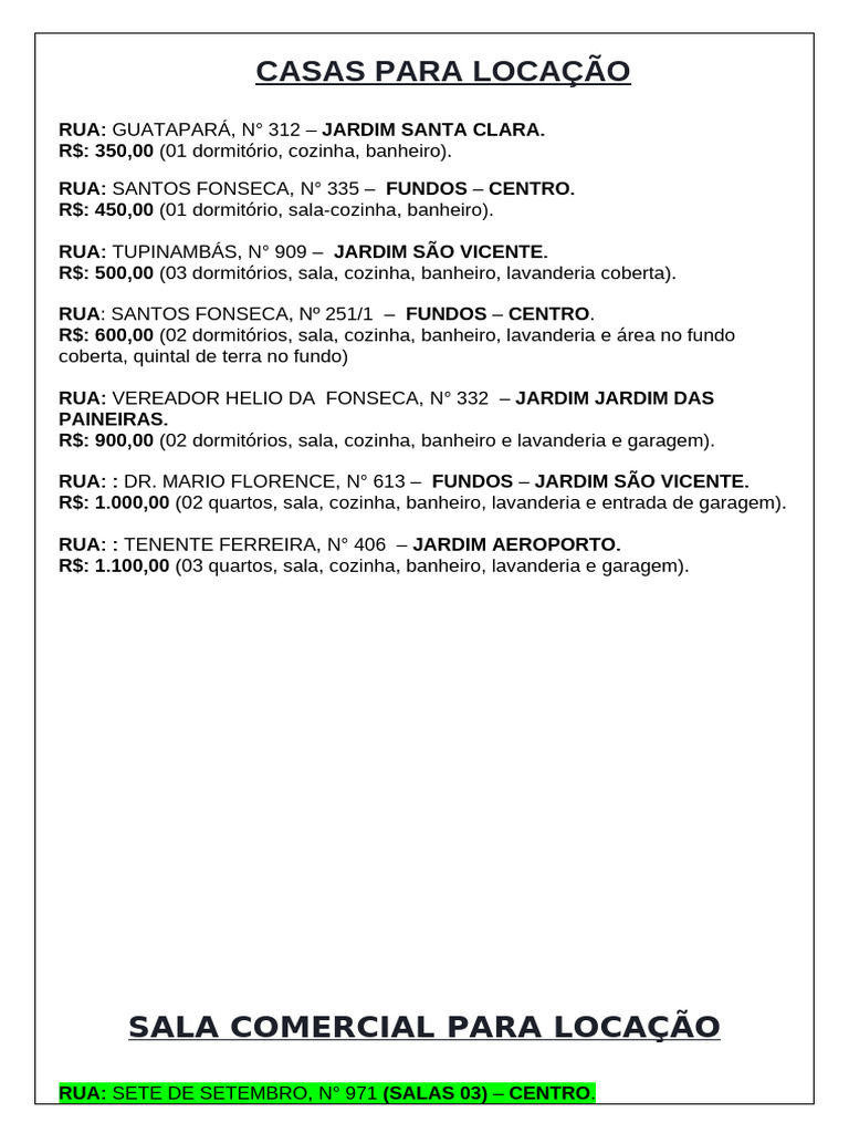 Lista de Casas Para Locação_19!12!24 | PDF
