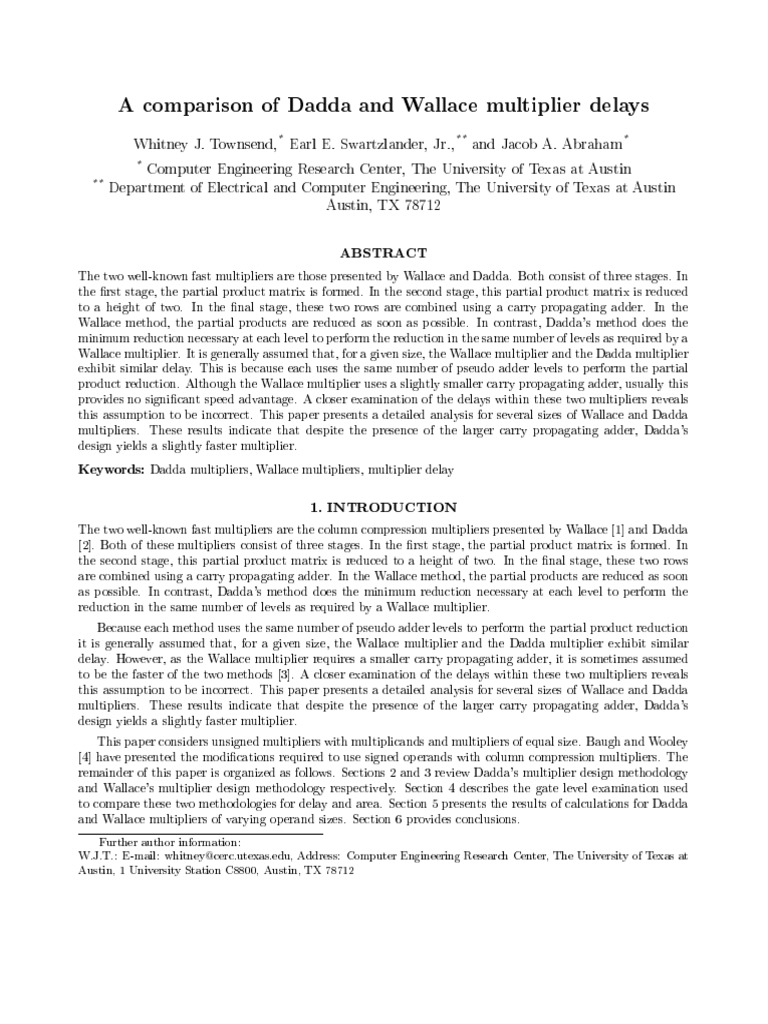A Comparison of Dadda and Wallace Multiplier Delays | PDF