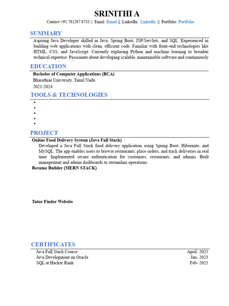 SRINITHI A Java - Developer | PDF | Java (Programming Language) | My Sql