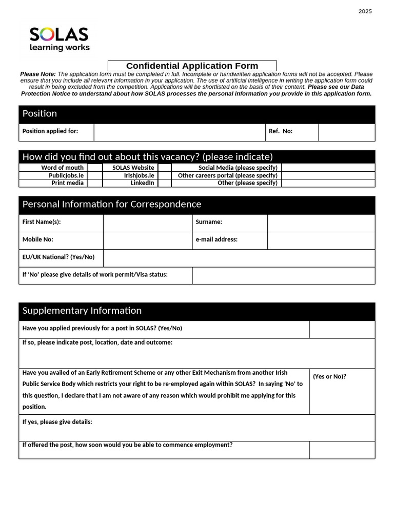 Solas Application Form | PDF | Employment | Recruitment