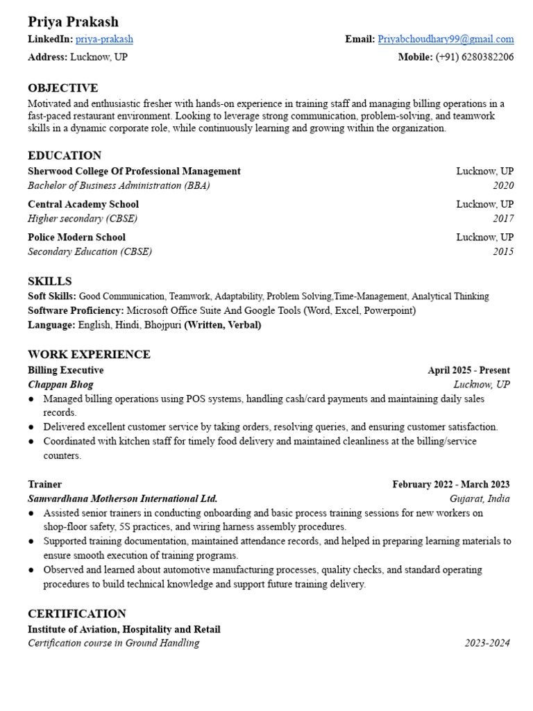 Priya Prakash 2025 Resume | PDF