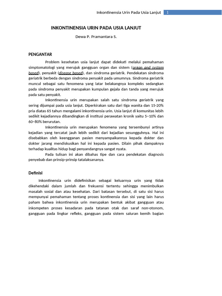 Inkontinensia Urin pada Lansia: Diagnosis dan Tatalaksana | PDF