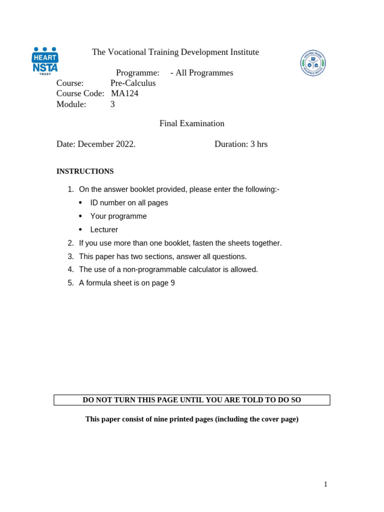Pre-Calculus Final Exam December 2022 | PDF | Trigonometric Functions ...