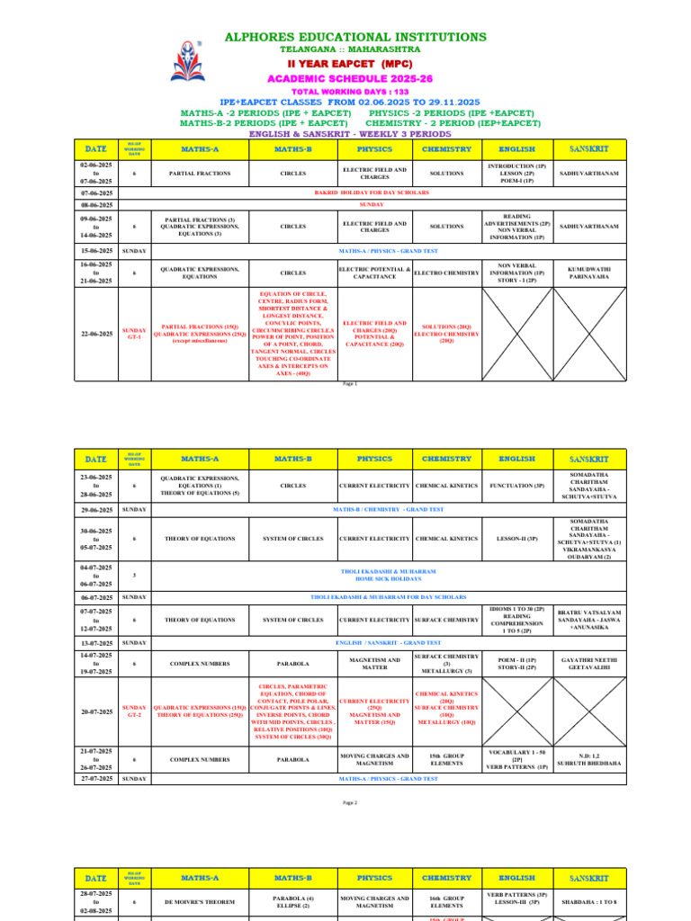 II Year. MPC - Eamcet - Schedule - 2025-2026 | PDF | Circle | Quadratic ...