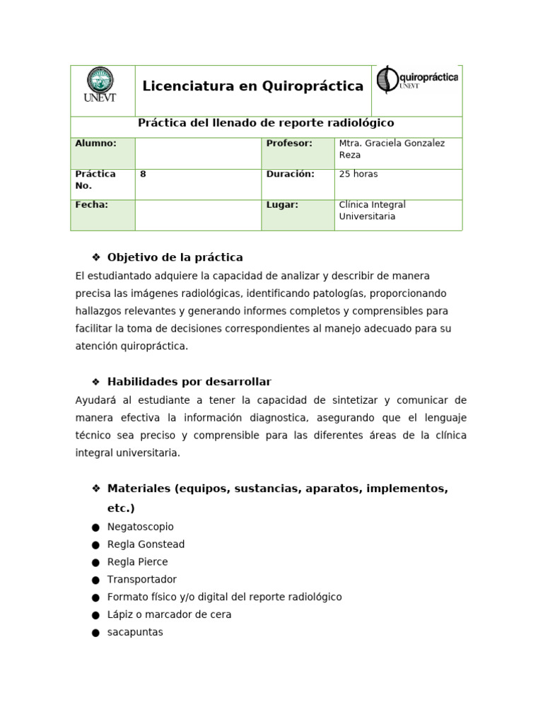 Práctica Núm. 8 Llenado de Reporte Radiologico | PDF | Radiología | Quiropráctica