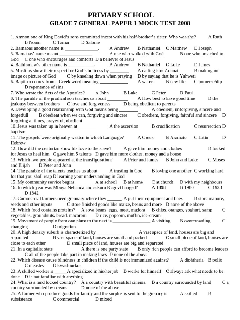 Grade 7 General Paper Mock Test 2008 | PDF | Jesus | God In Christianity