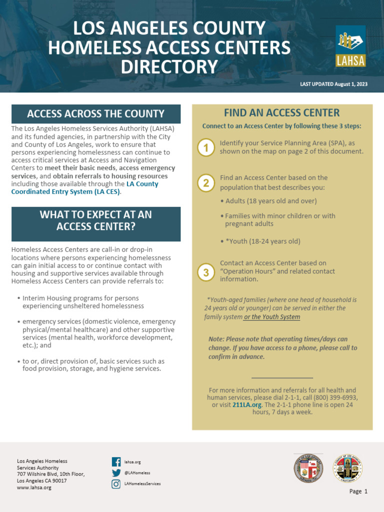 LAHSA Homeless Access Centers Guide | PDF | Homelessness | Los Angeles
