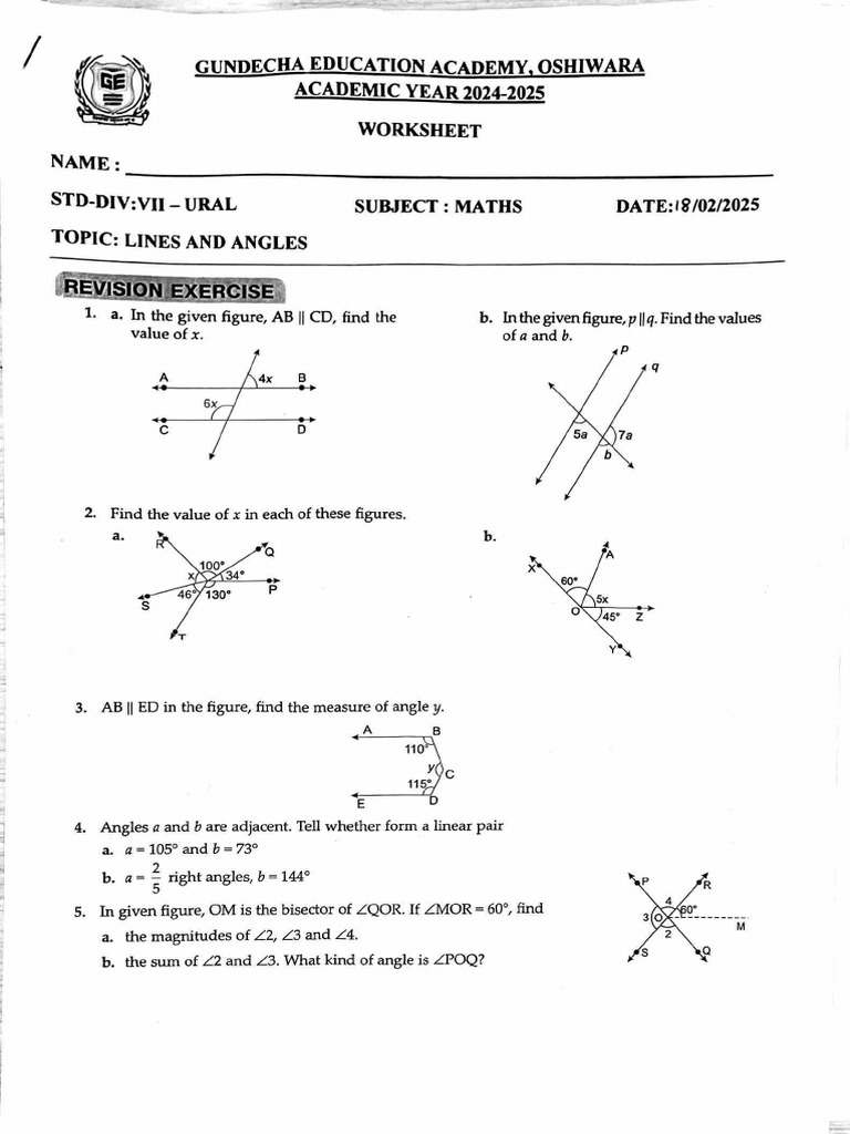 g7 Math Ws Chap Lines and Angles | PDF | Elementary Geometry | Euclid