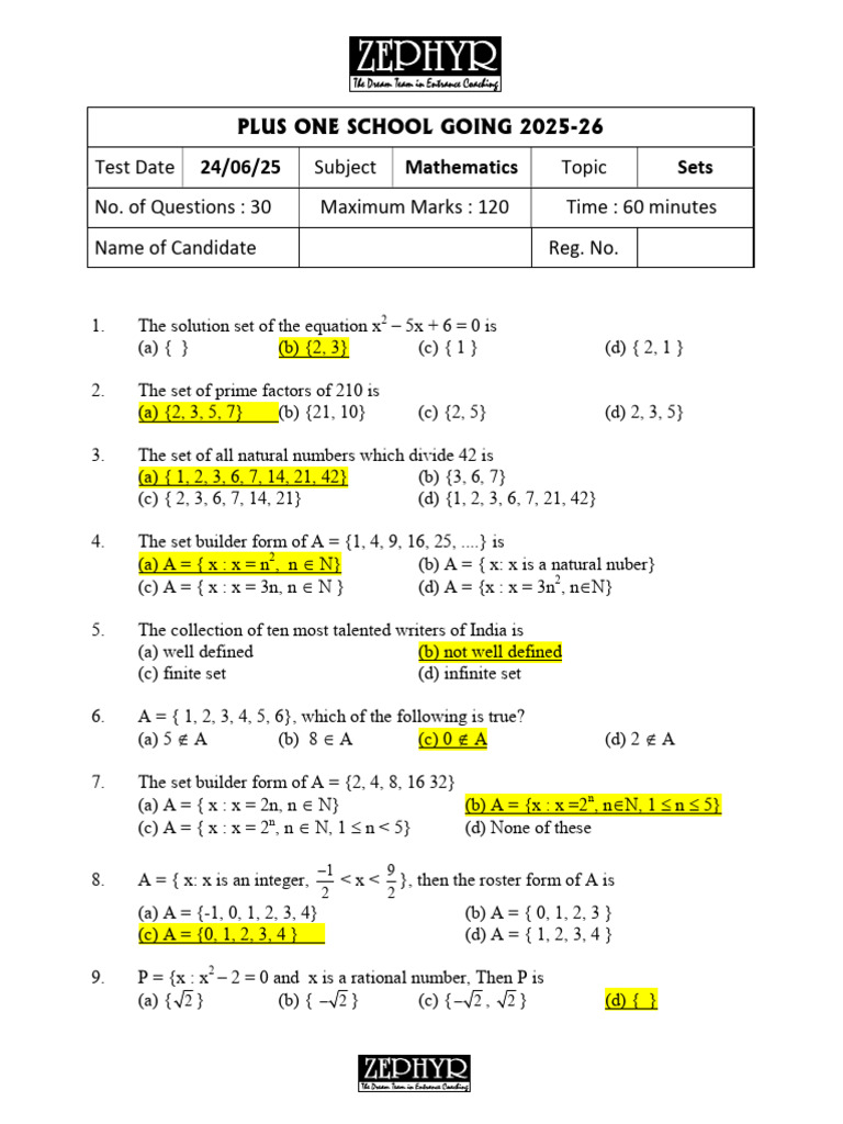 Unit Test on Sets for Plus One Students | PDF | Mathematics