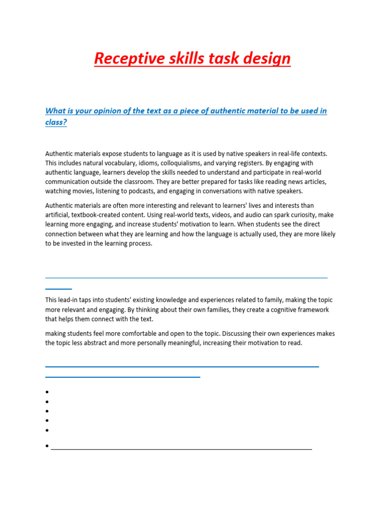 Receptive Skills Task Design Guide | PDF | Reading Comprehension | Learning