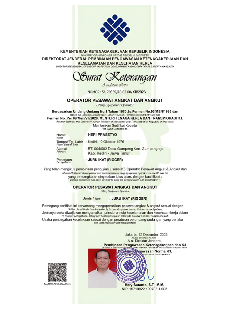 Sertifikat Rigger - Heri Prasetyo | PDF