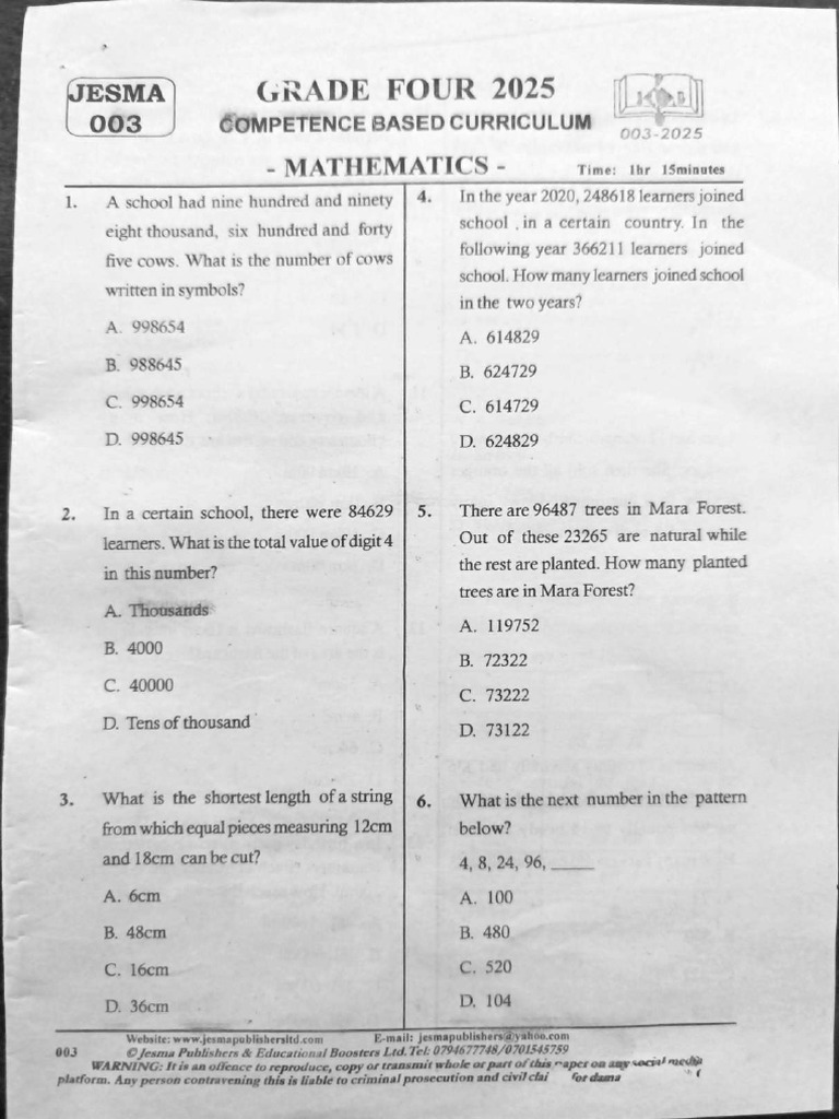 Grade 4 003 Jesma All Subjects With Marking Scheme PDF | PDF