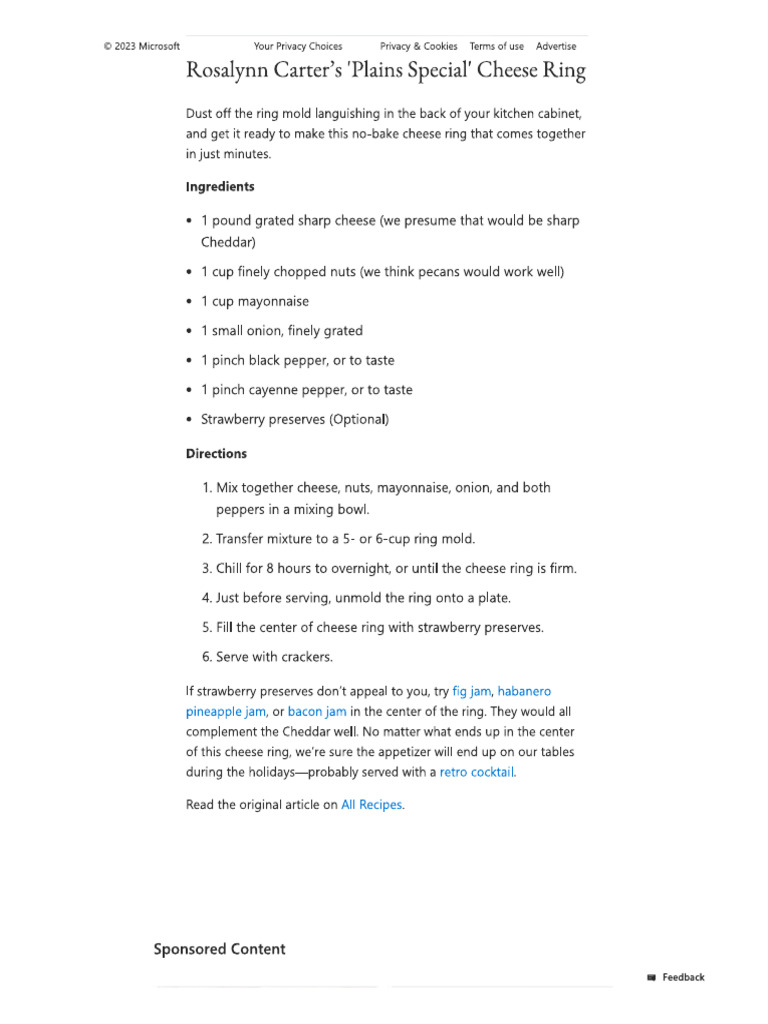 Rosalynn Carter - S 4-Ingredient Plains Cheese Ring | PDF