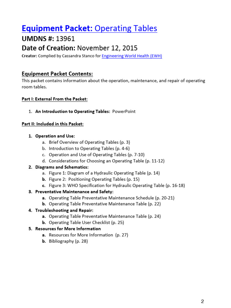 Operating Room Table Packet by EWH | PDF | Hospital | Stainless Steel