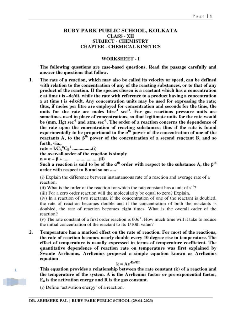 3 Chemical Kinetics Worksheet-I | PDF | Reaction Rate | Activation Energy