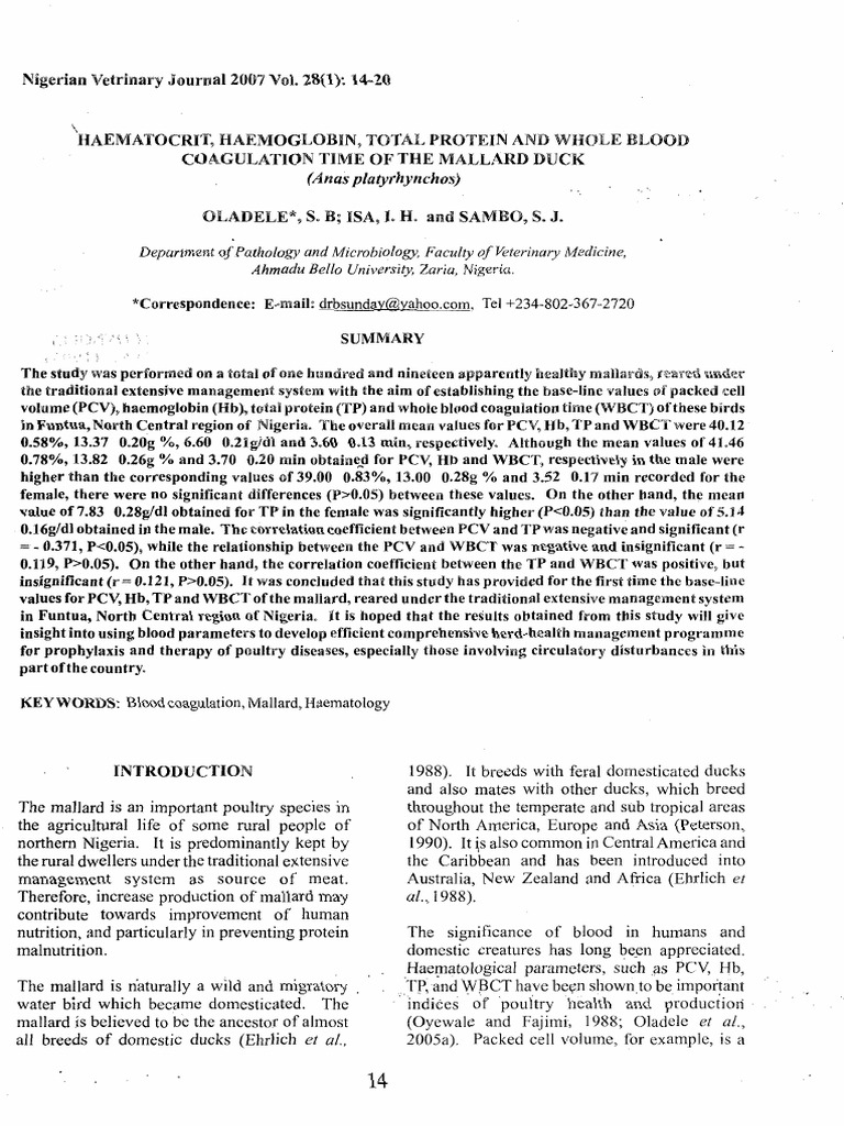 Haematocrit, Haemoglobin, Total Protein and Whole Blood Coagulation ...