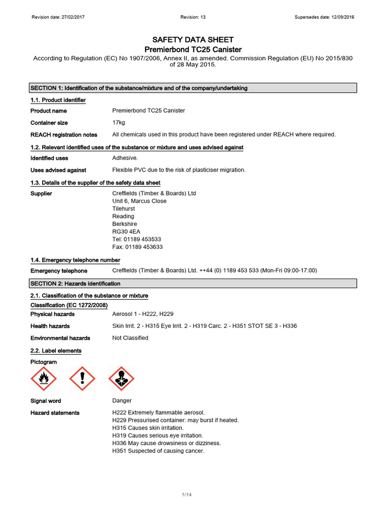 002 Premierbondtc25canisterchip | PDF | Toxicity | Occupational Safety And Health